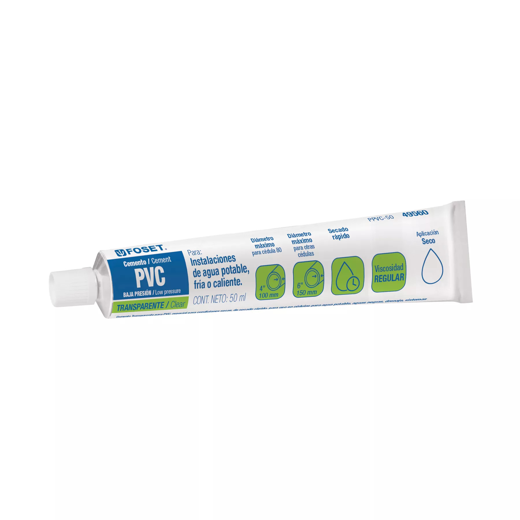 Cemento p/PVC transparente, baja presión 50ml | Foset